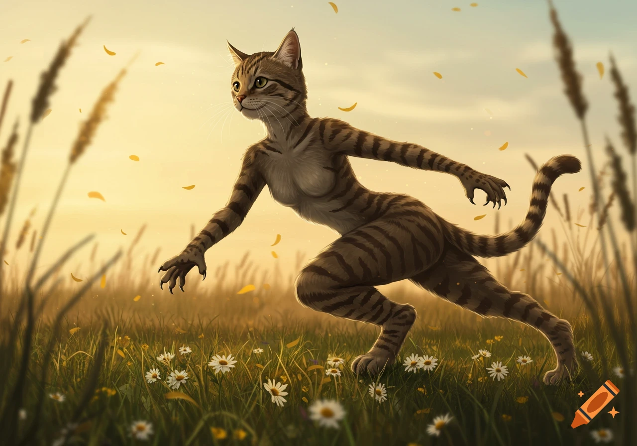 A striped humanoid cat creature crouches in a field of daisies and tall ...