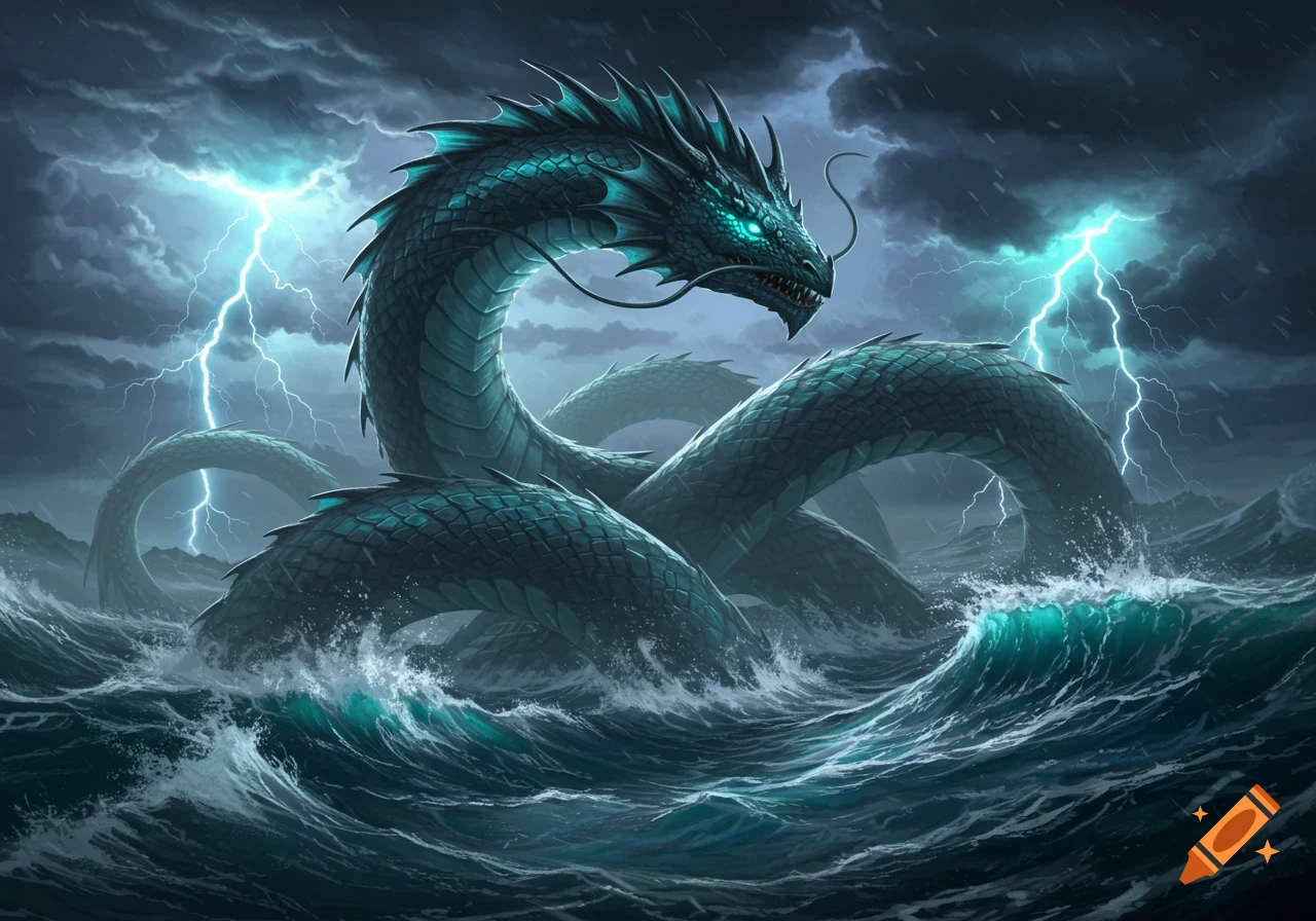 A colossal green sea serpent with glowing eyes rises from stormy teal ...