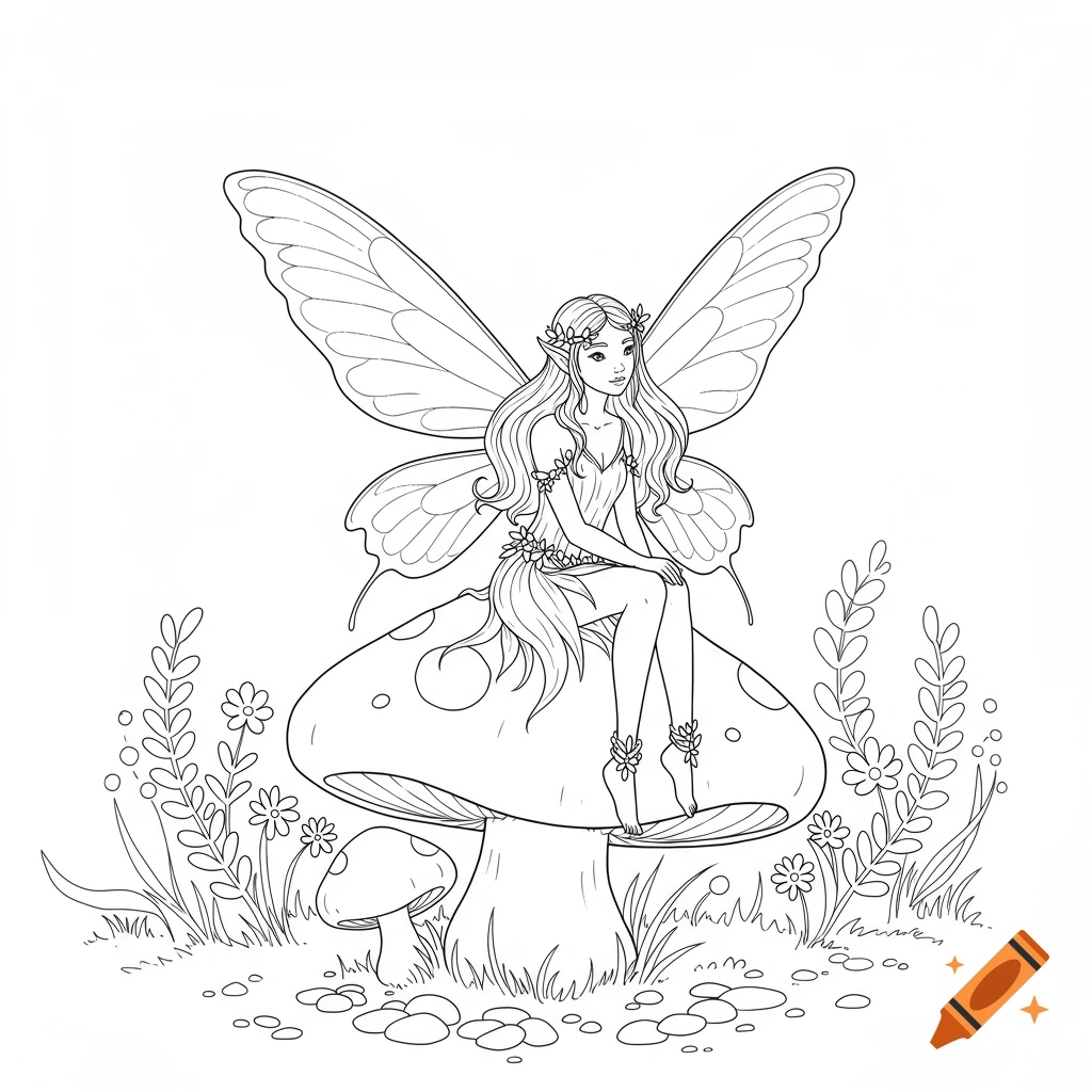 A detailed black and white line art coloring page of a fairy sitting on ...