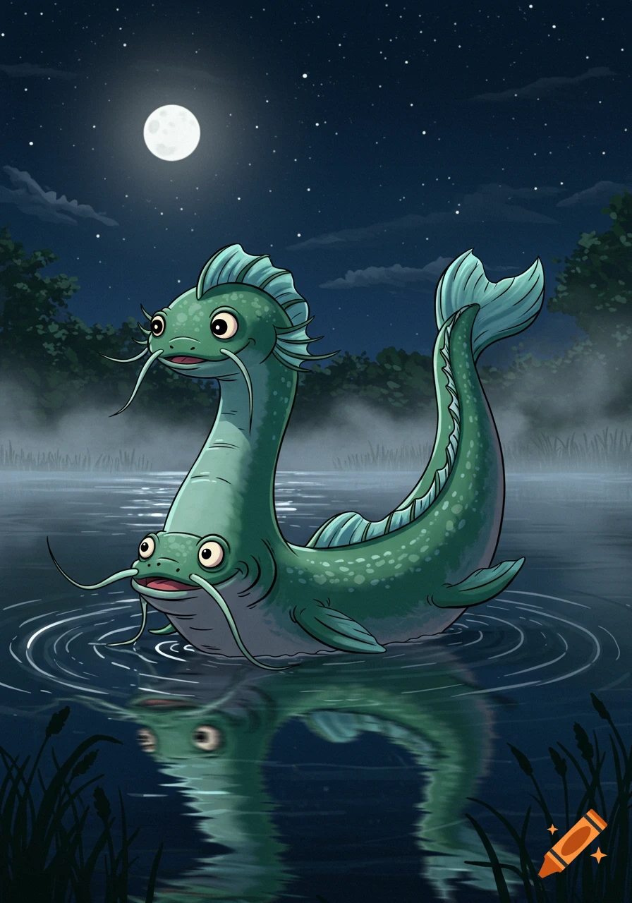 Cartoon green two-headed Loch Ness monster/catfish hybrid swims in a ...