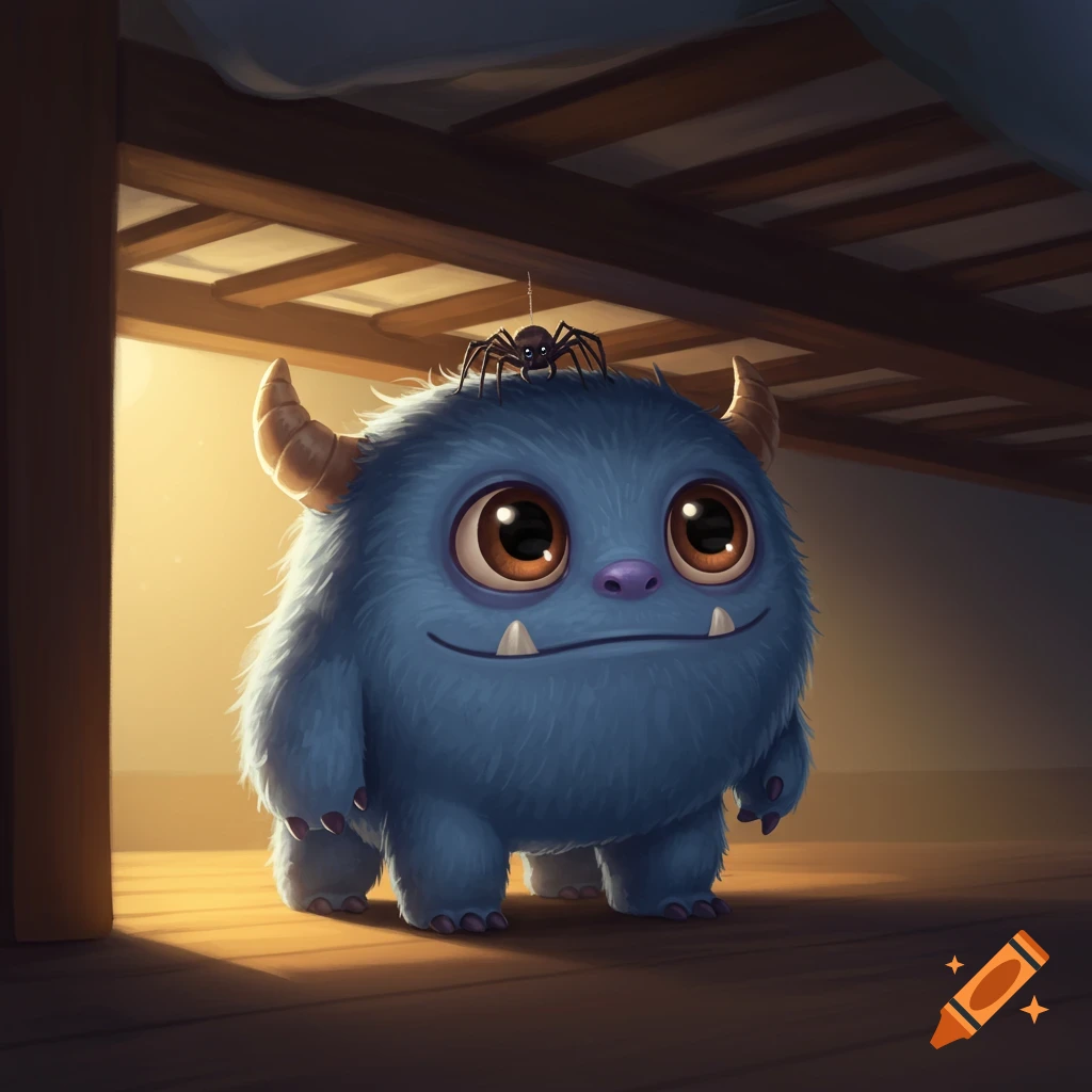 A cute, fluffy blue monster with big hazel eyes and two small horns ...