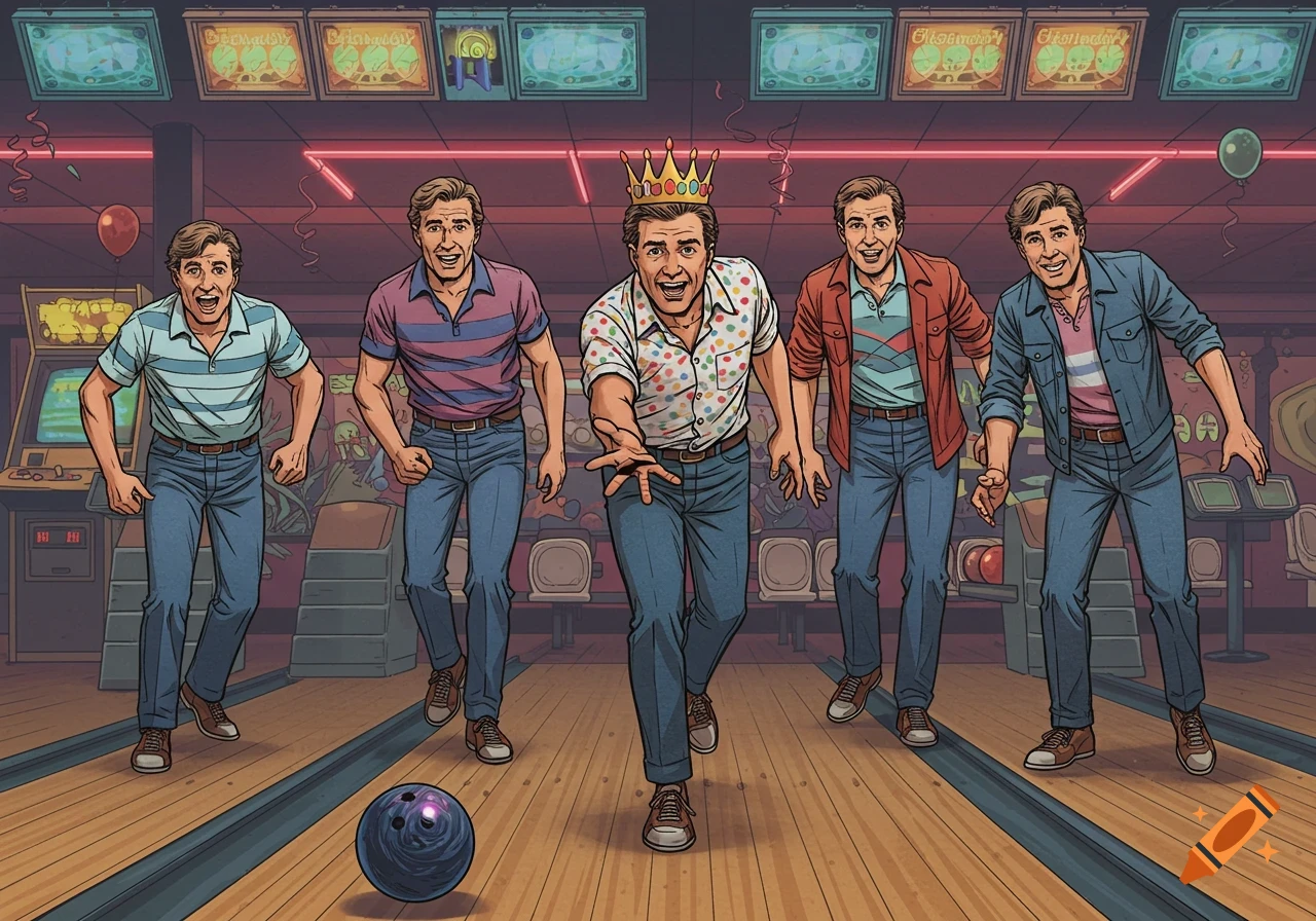 Five men in comic style bowl excitedly in a vibrant 80s bowling alley ...