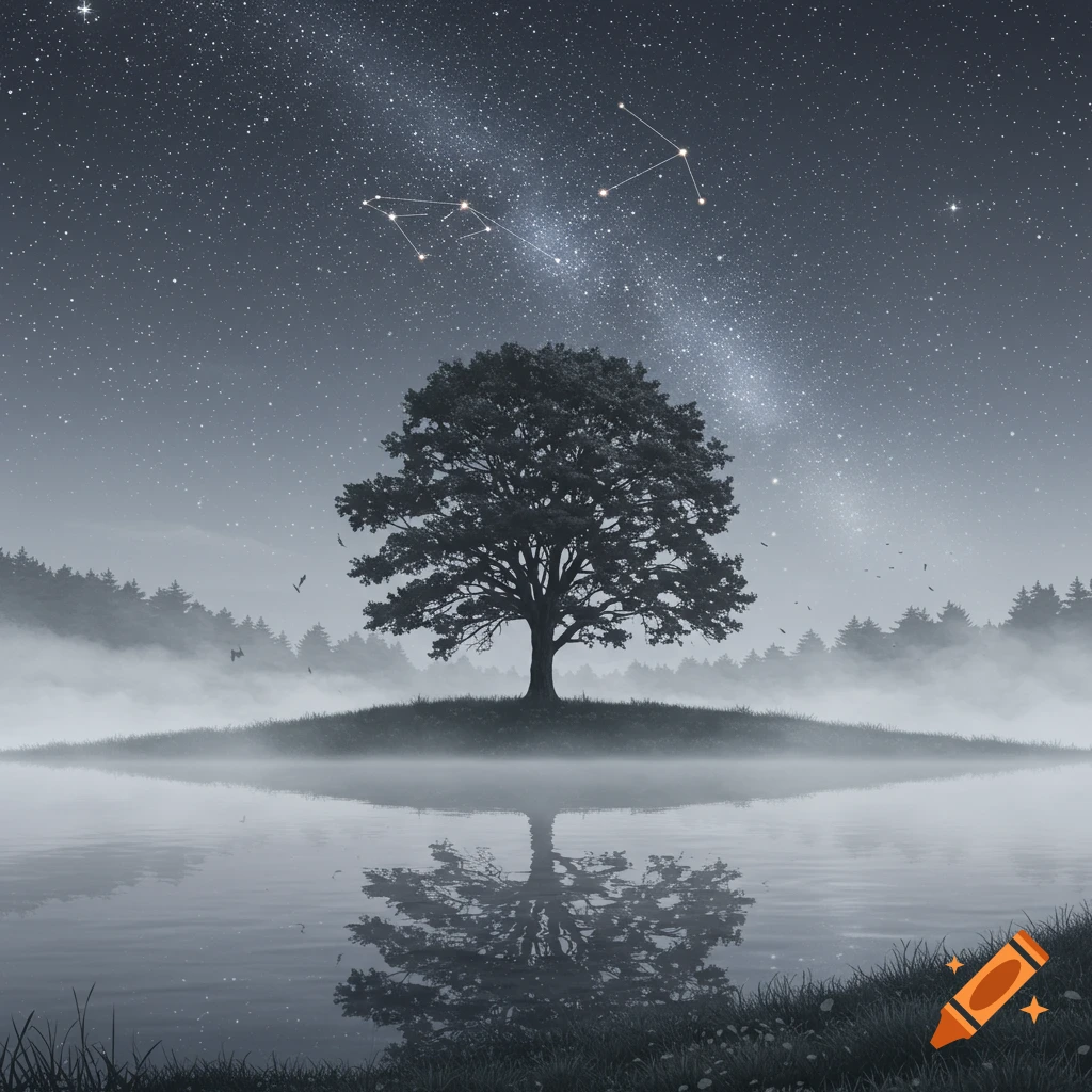 A solitary tree stands in a field under a bright full moon and starry ...