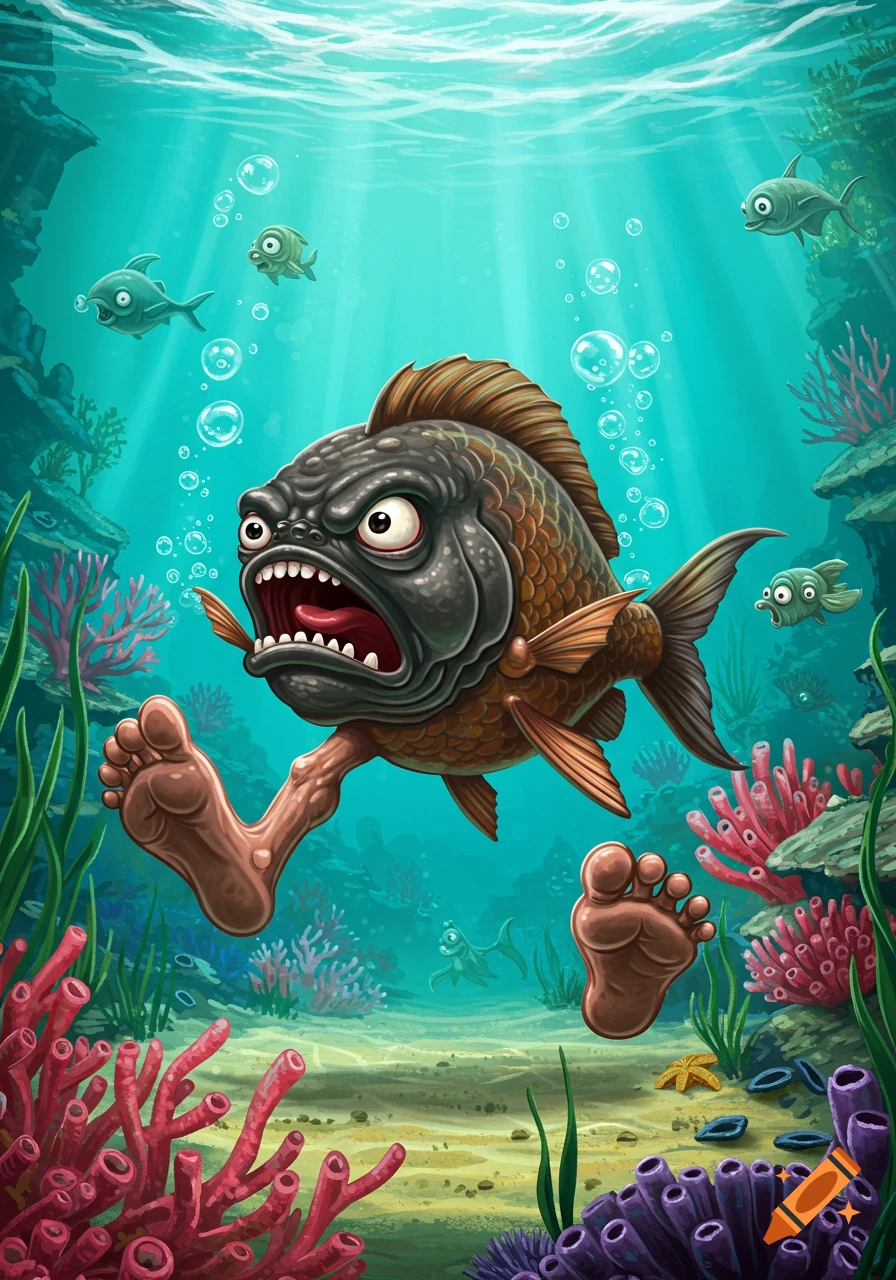 A fierce, spiky magenta cartoon fish with glowing green eyes and cream ...