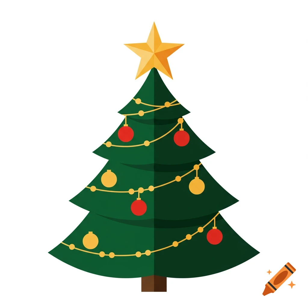 A simple, flat design Christmas tree with a yellow star, red and yellow ornaments, and string ...