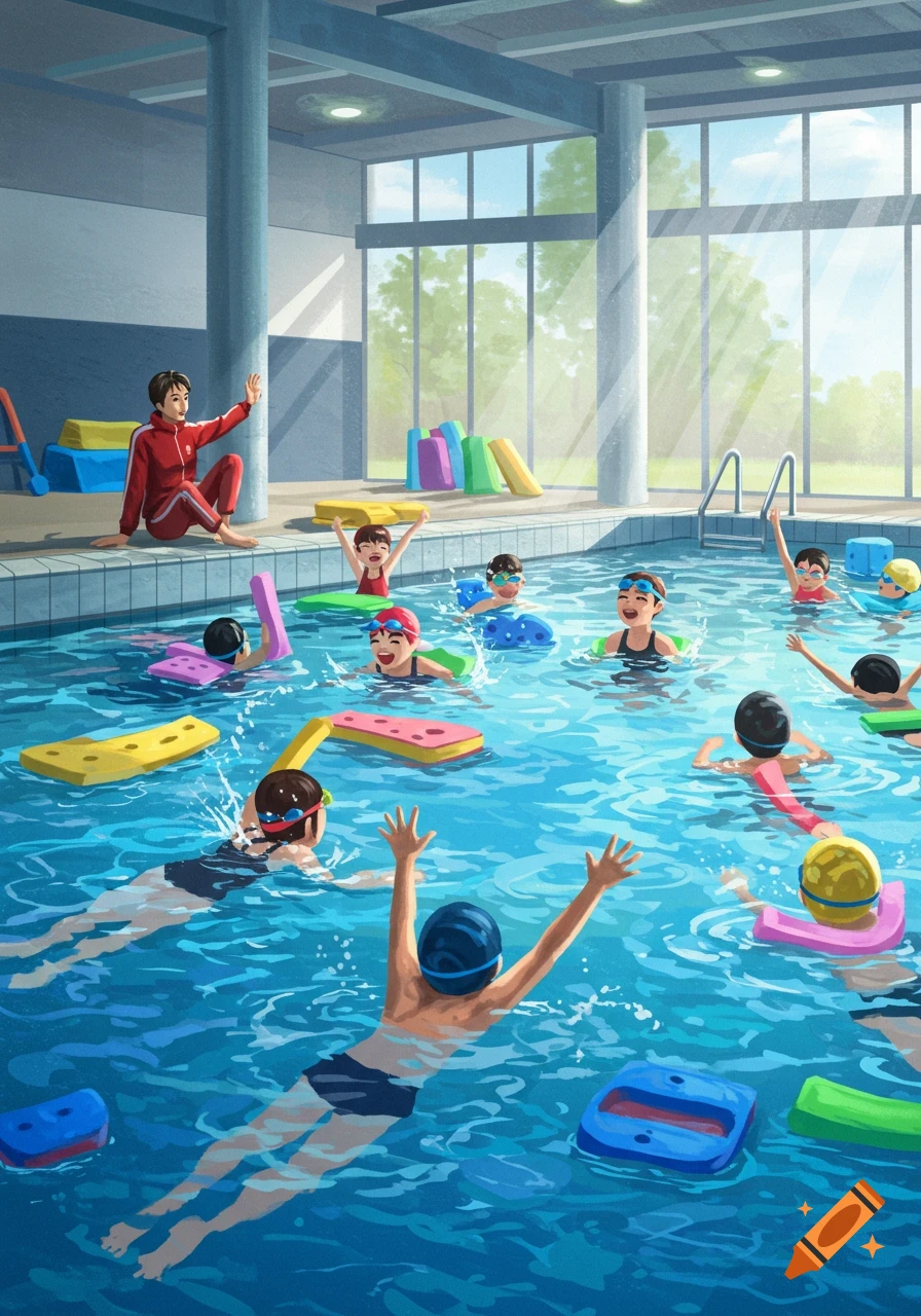 An illustration of children and an adult instructor during a swimming ...