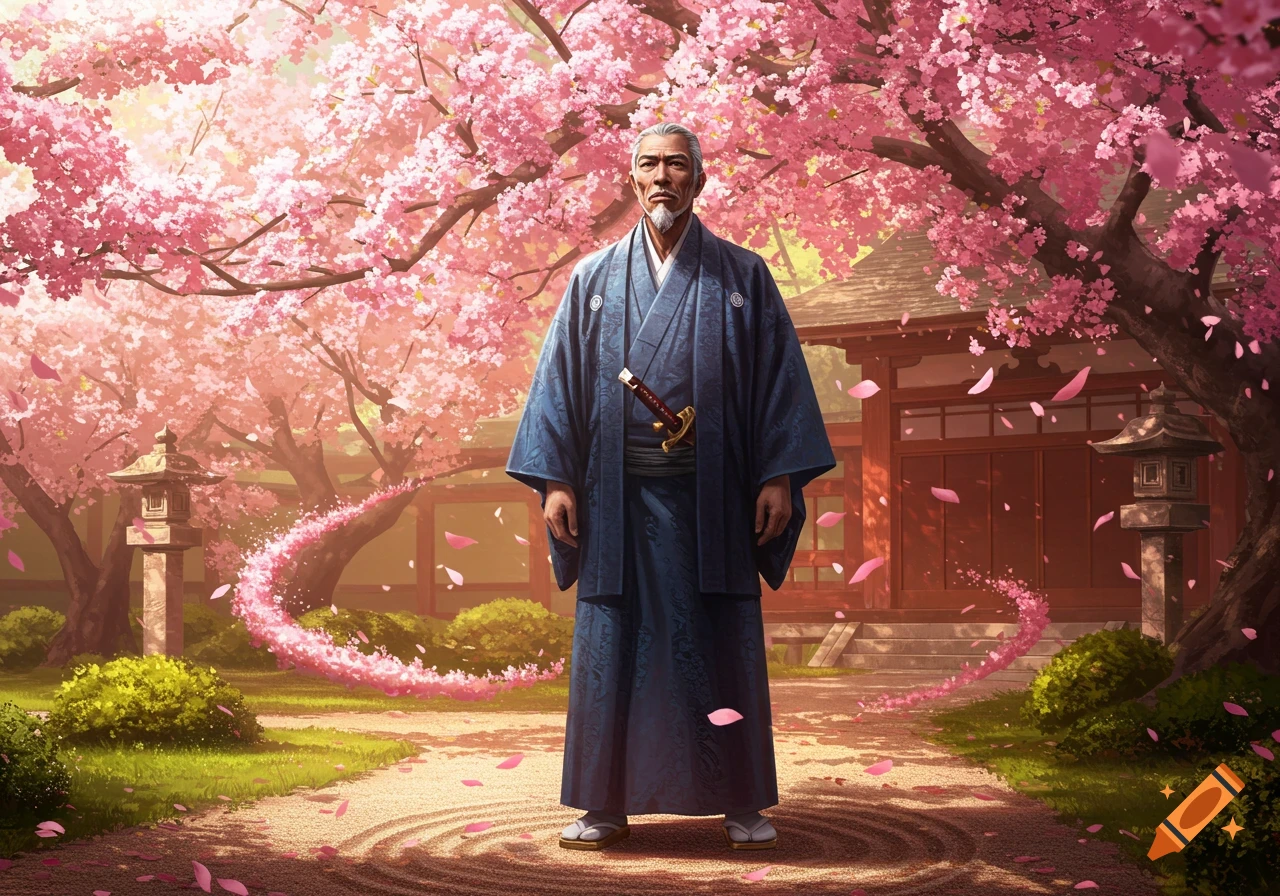 Older man in a blue kimono standing in a vibrant Japanese cherry ...