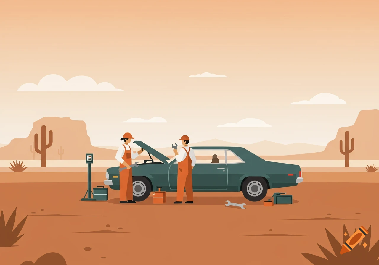 Two cartoon mechanics in orange overalls fix a dark green car in a ...