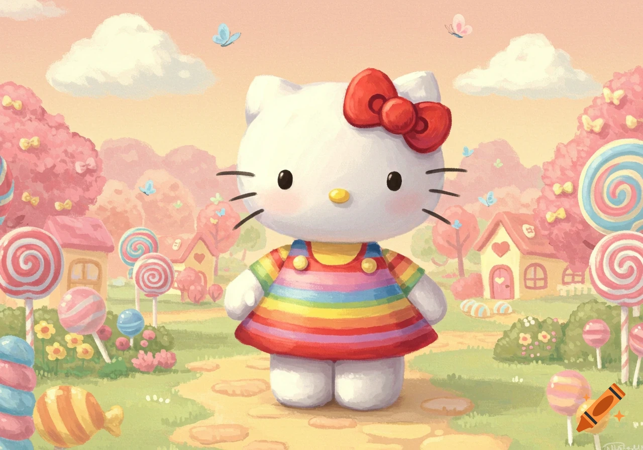 Hello Kitty with a large, toothed Labubu mouth in a pastel candy land ...