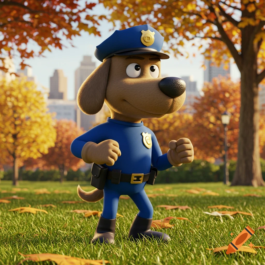 A hyper-realistic 3D animated dog police officer stands in an autumn ...