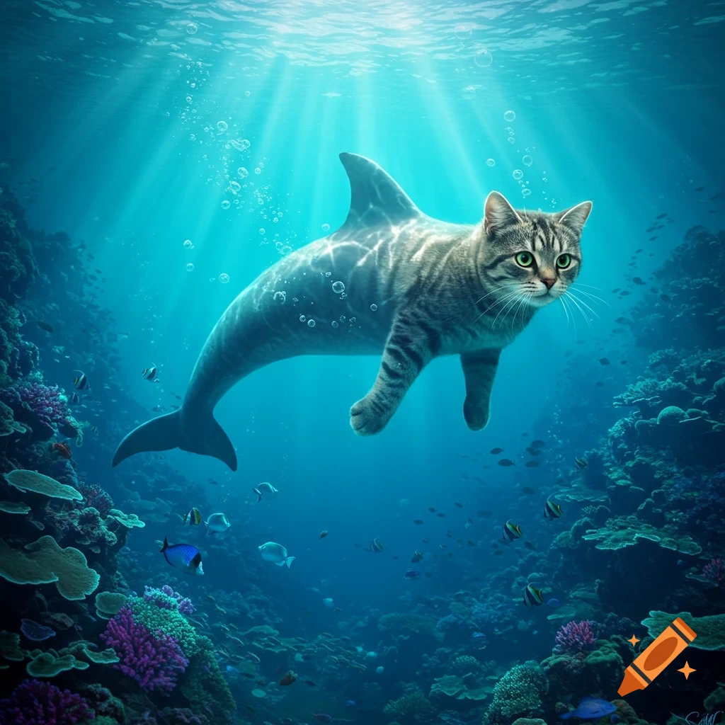 A tabby cat with a dolphin tail swims gracefully through a vibrant ...