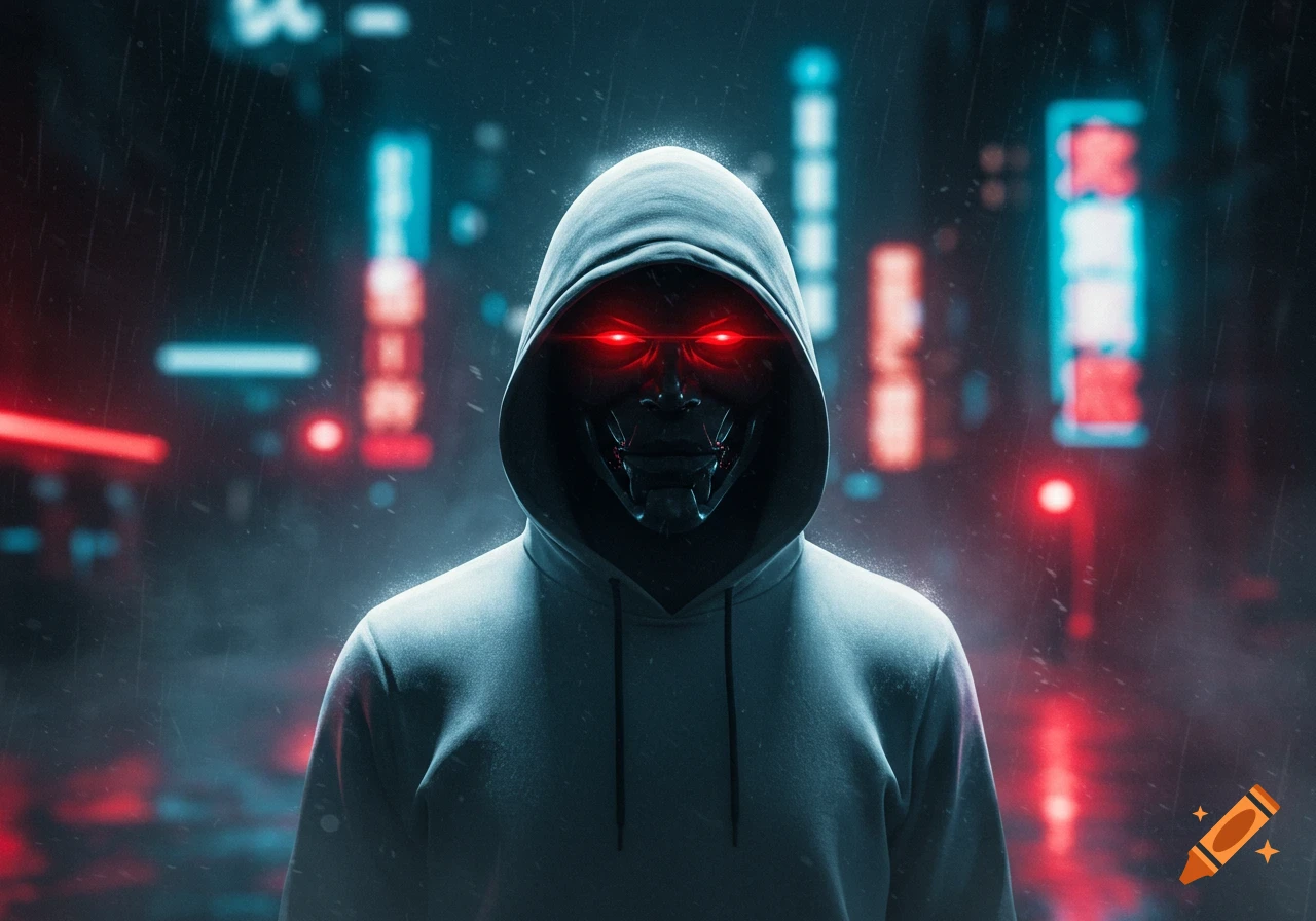 A hooded figure leads a group of men with glowing red eyes and pistols ...