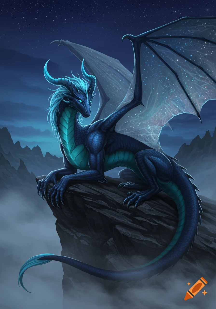 A dark blue dragon with glowing light blue horns and belly, translucent ...