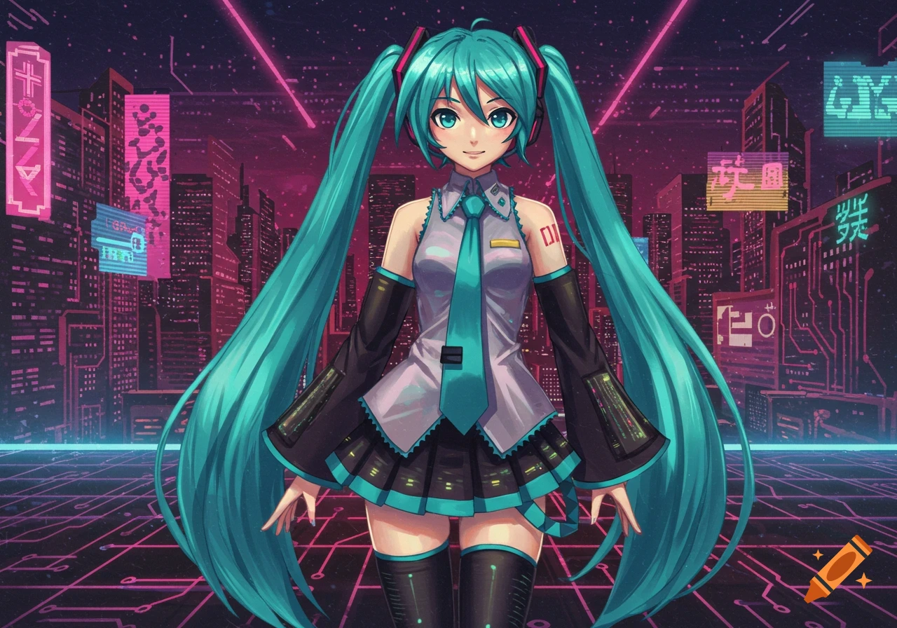 A vibrant anime girl with long turquoise pigtails, wearing a grey and ...