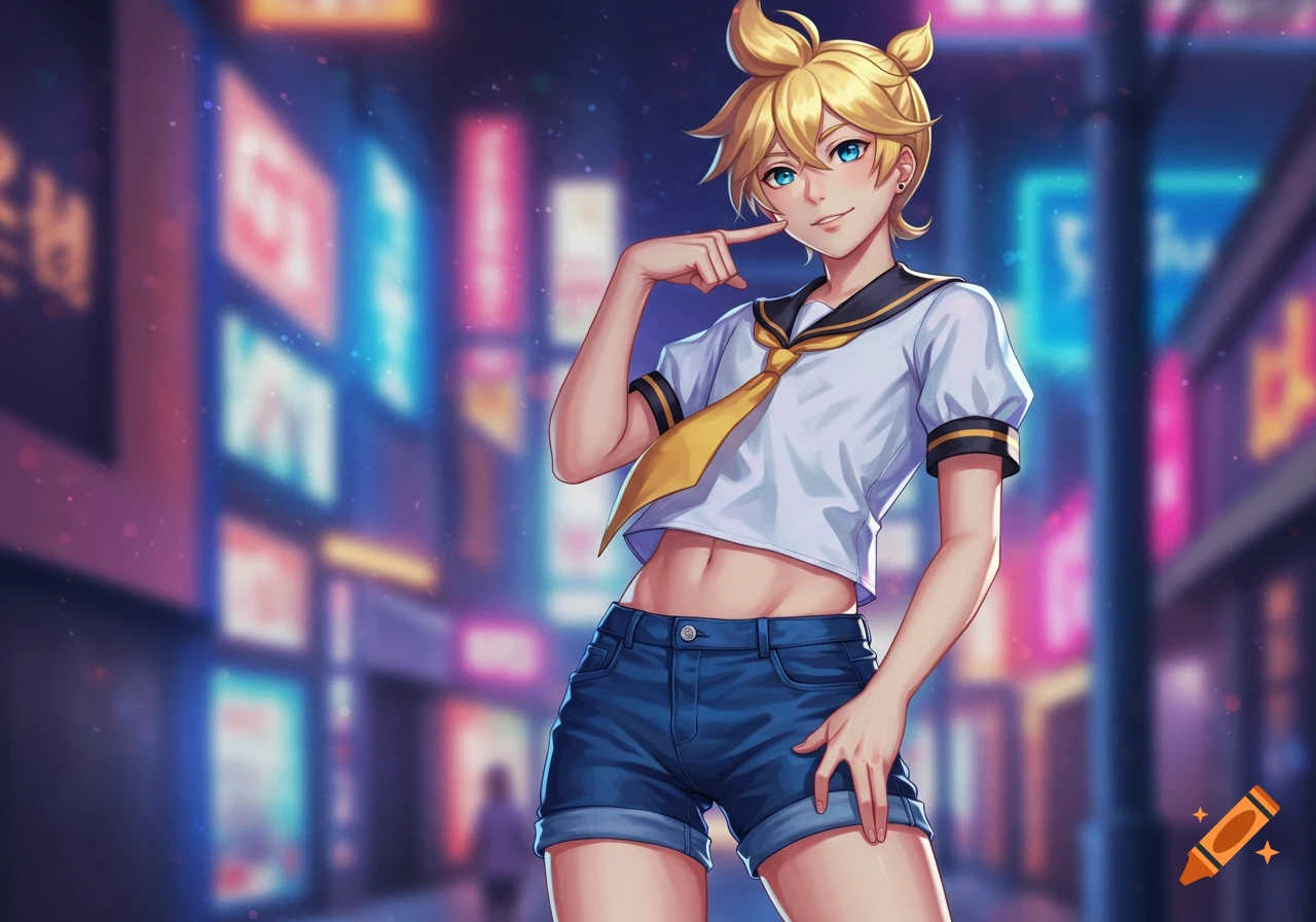 Blond anime character Kagamine Len in a sailor crop top and jean shorts ...