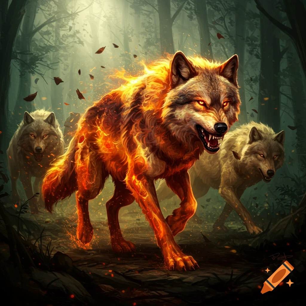 A fierce, flaming wolf with glowing eyes leads two other wolves through a dark, mystical forest ...