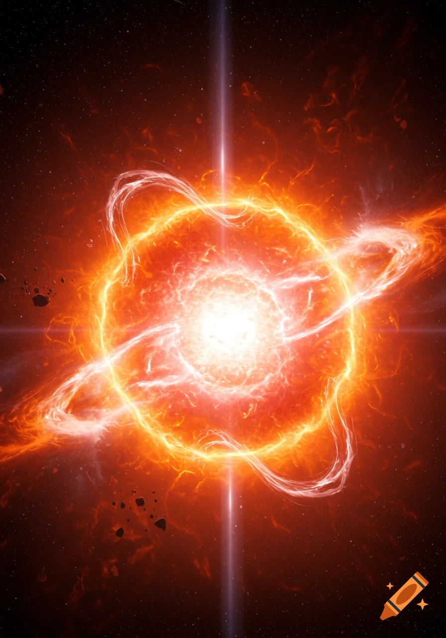 A brilliant, fiery orange and red orb radiates immense energy in space ...