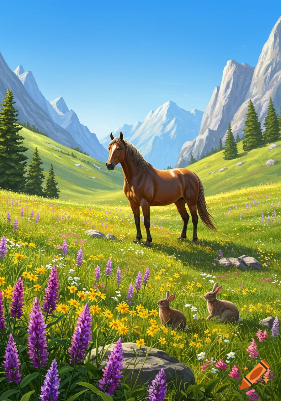 A brown horse stands in a vibrant mountain meadow with purple and ...