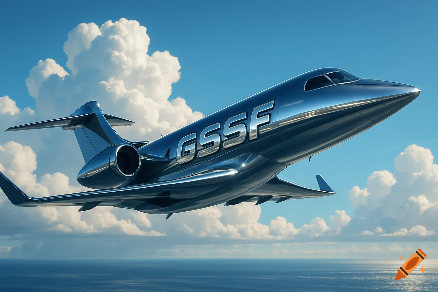 A shiny chrome private jet with "GSSF" on its side flies over the ocean ...