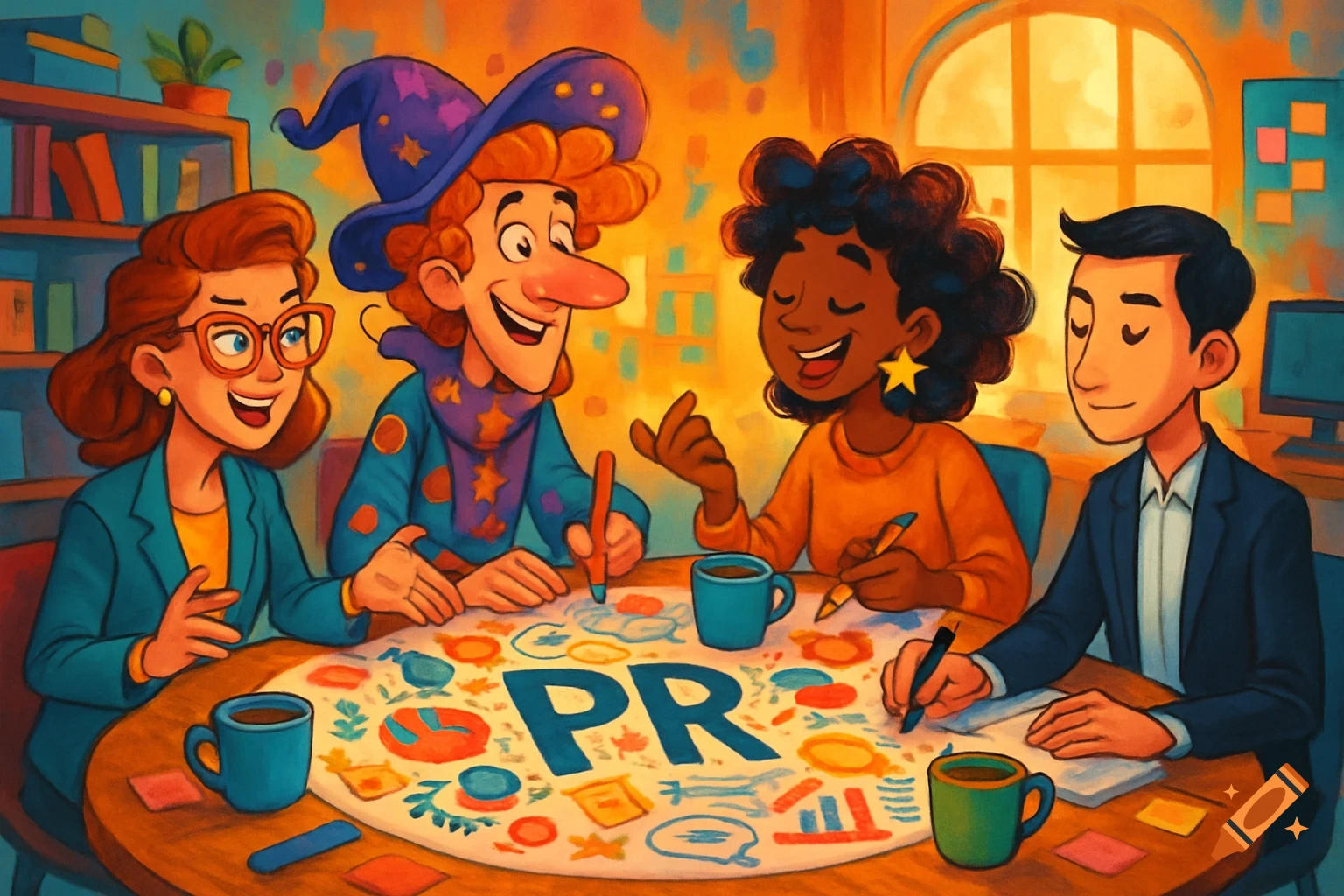 Vibrant cartoon of a man holding a globe, another in a blue hat, and a ...