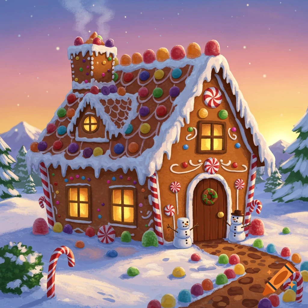 A festive gingerbread house with a candy cane door, colorful roof, and ...