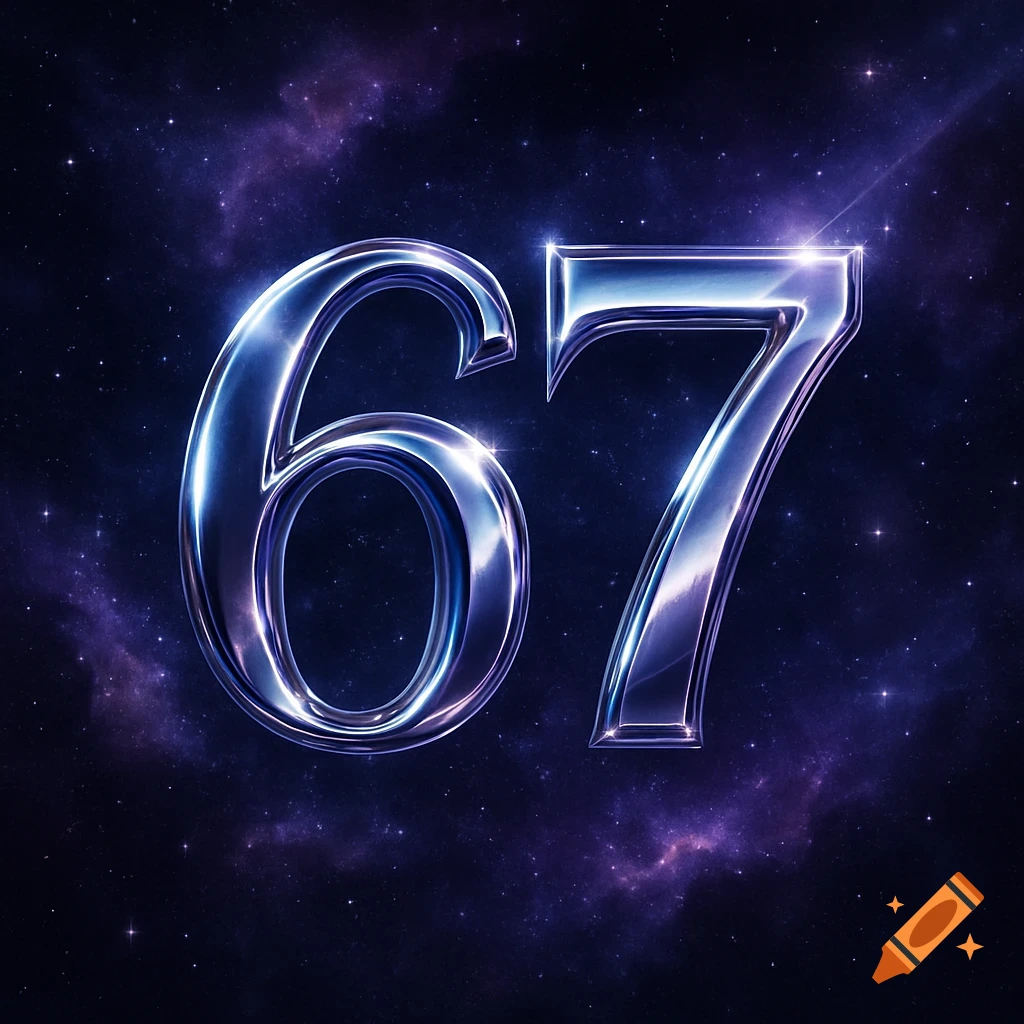 The metallic numbers '67' glow with neon blue and pink light against a ...