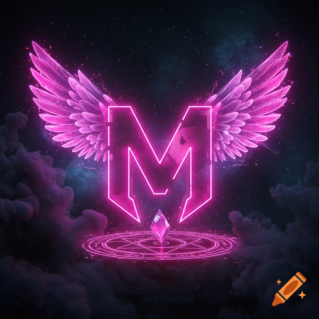A neon pink letter M with glowing wings and a crystal over a magic ...