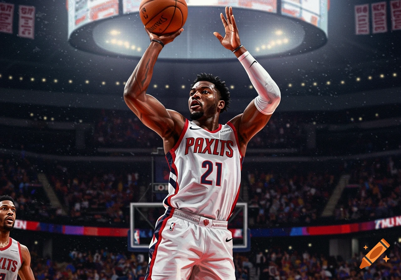 Michael Jordan in a red Bulls jersey dunks a basketball in a brightly ...