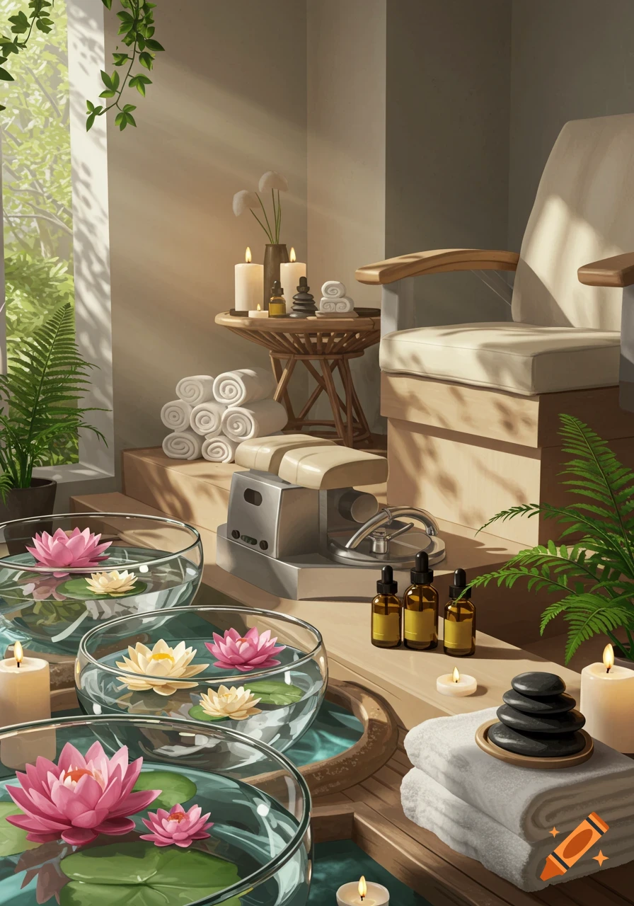 A serene spa room with pedicure stations, glass bowls with floating ...