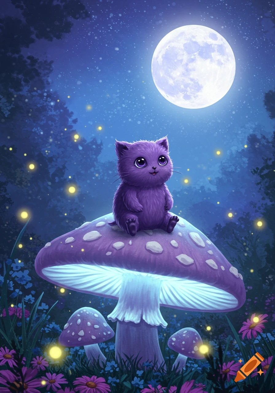 A cute, fluffy purple creature sits on a giant glowing mushroom in a ...