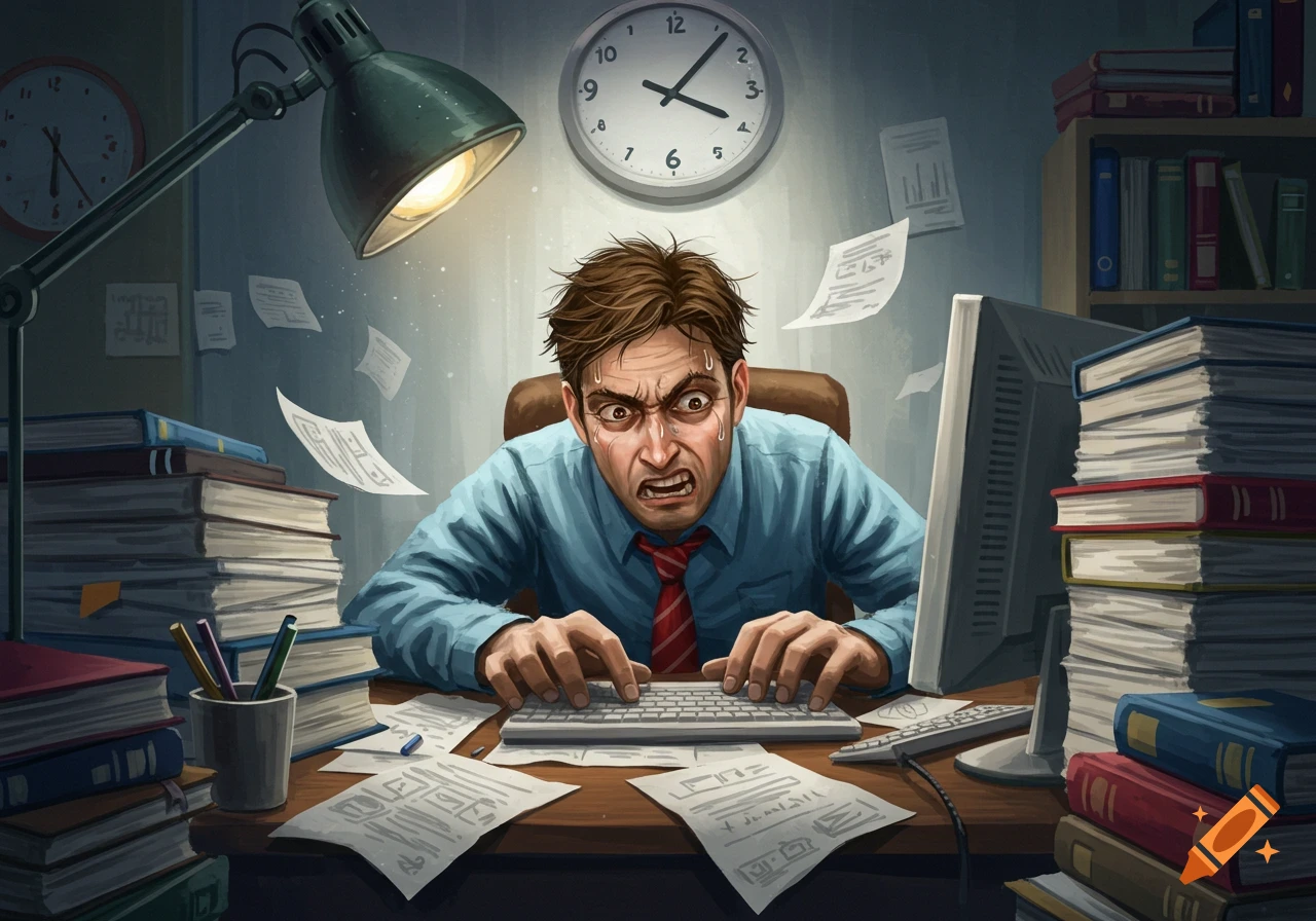 An illustration of a frazzled man typing furiously at a desk ...