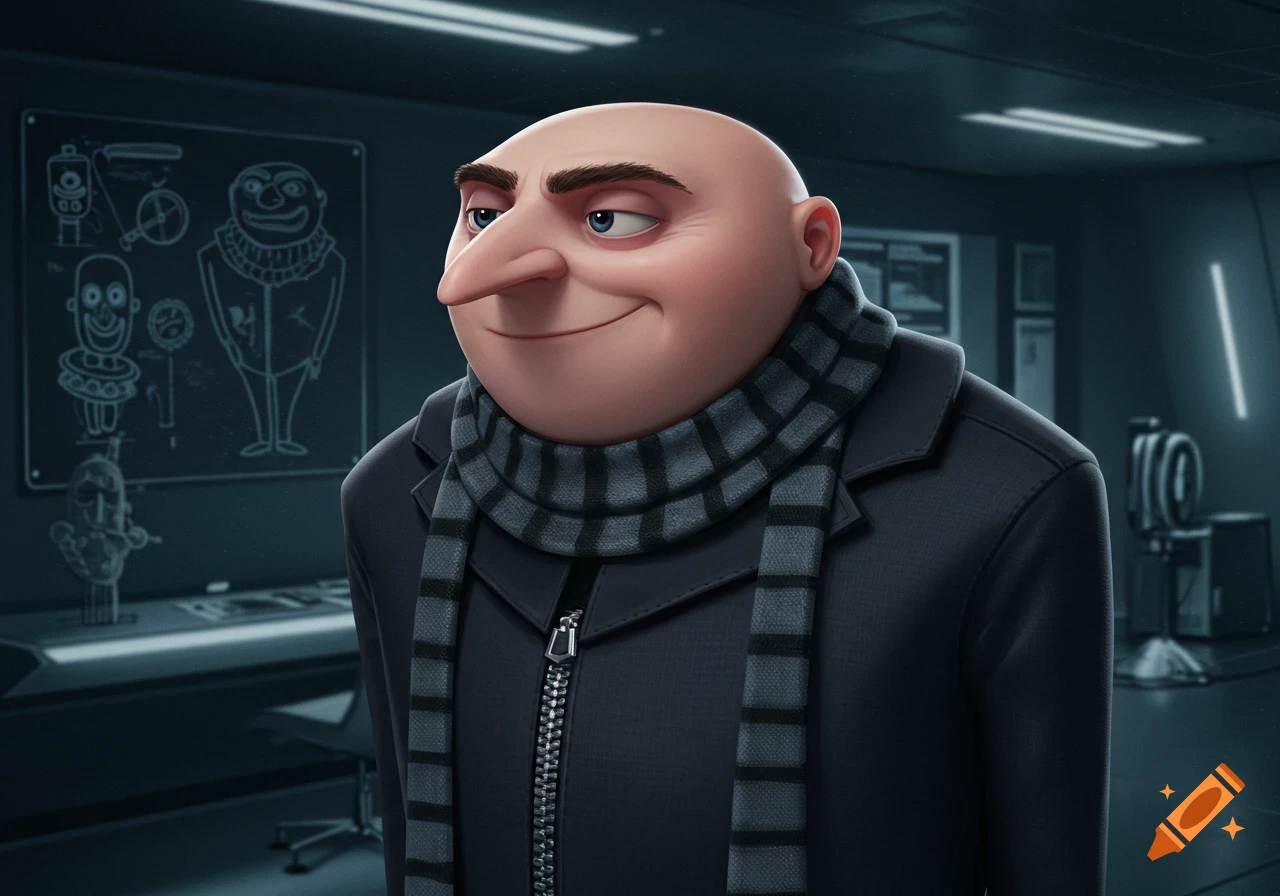 Gru and four Minions in a laboratory, one Minion happily holding a ...