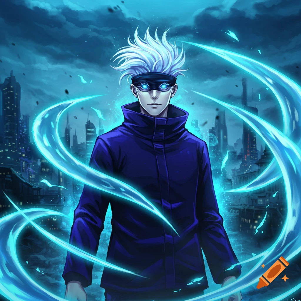 Anime character with white spiky hair and a black blindfold, dressed in ...