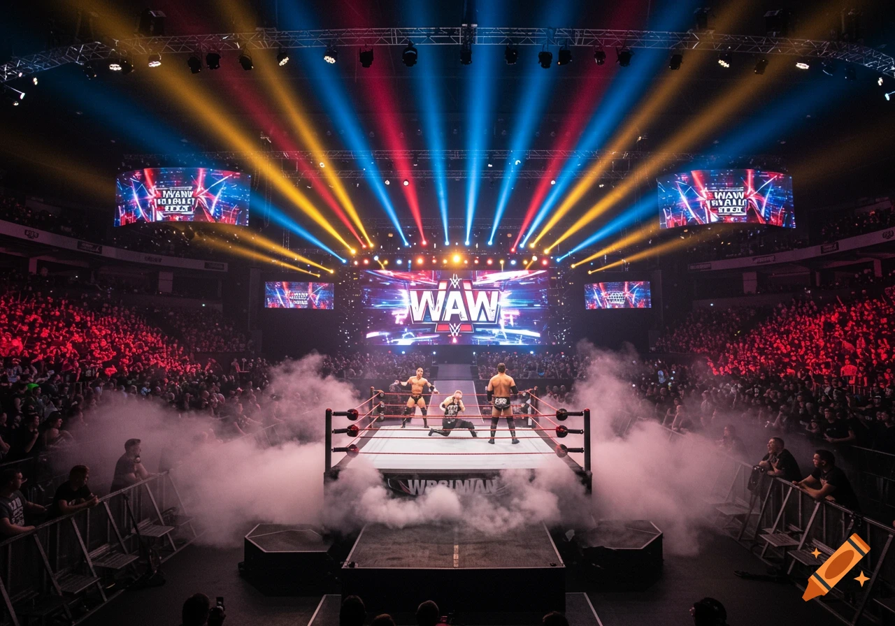 WWE logo on a large screen above a wrestling stage ramp with red lights ...
