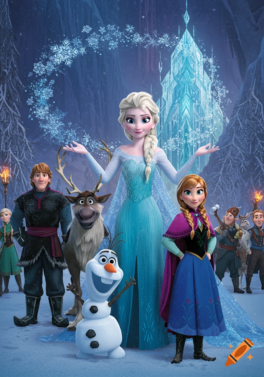 Elsa, Anna, Kristoff, Sven the reindeer, and Olaf the snowman stand in ...