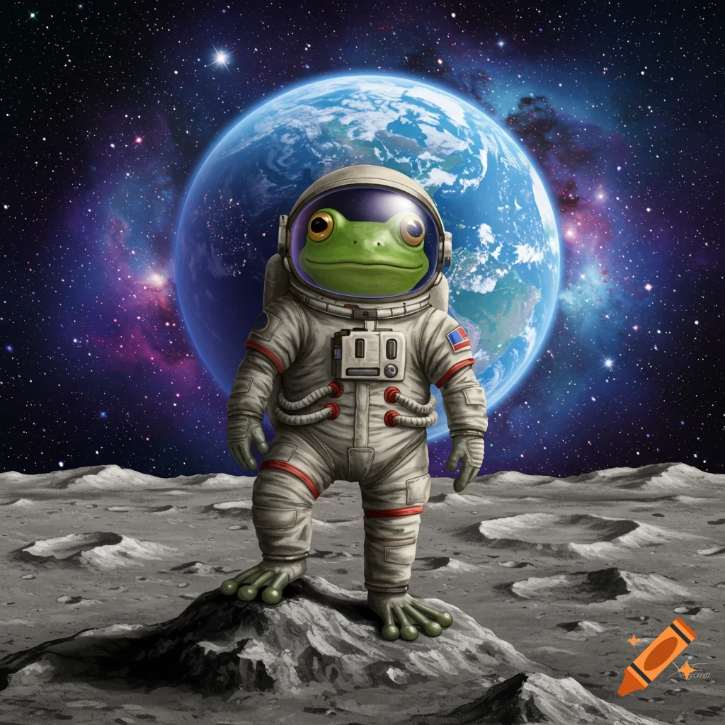 A green frog in a white astronaut suit stands on the moon with Earth ...