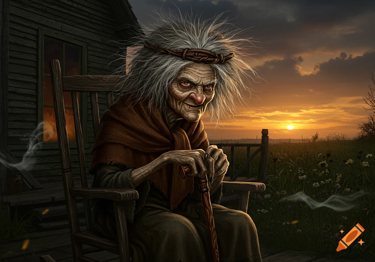 A grotesque, witch-like old woman with wild white hair and a thorny ...
