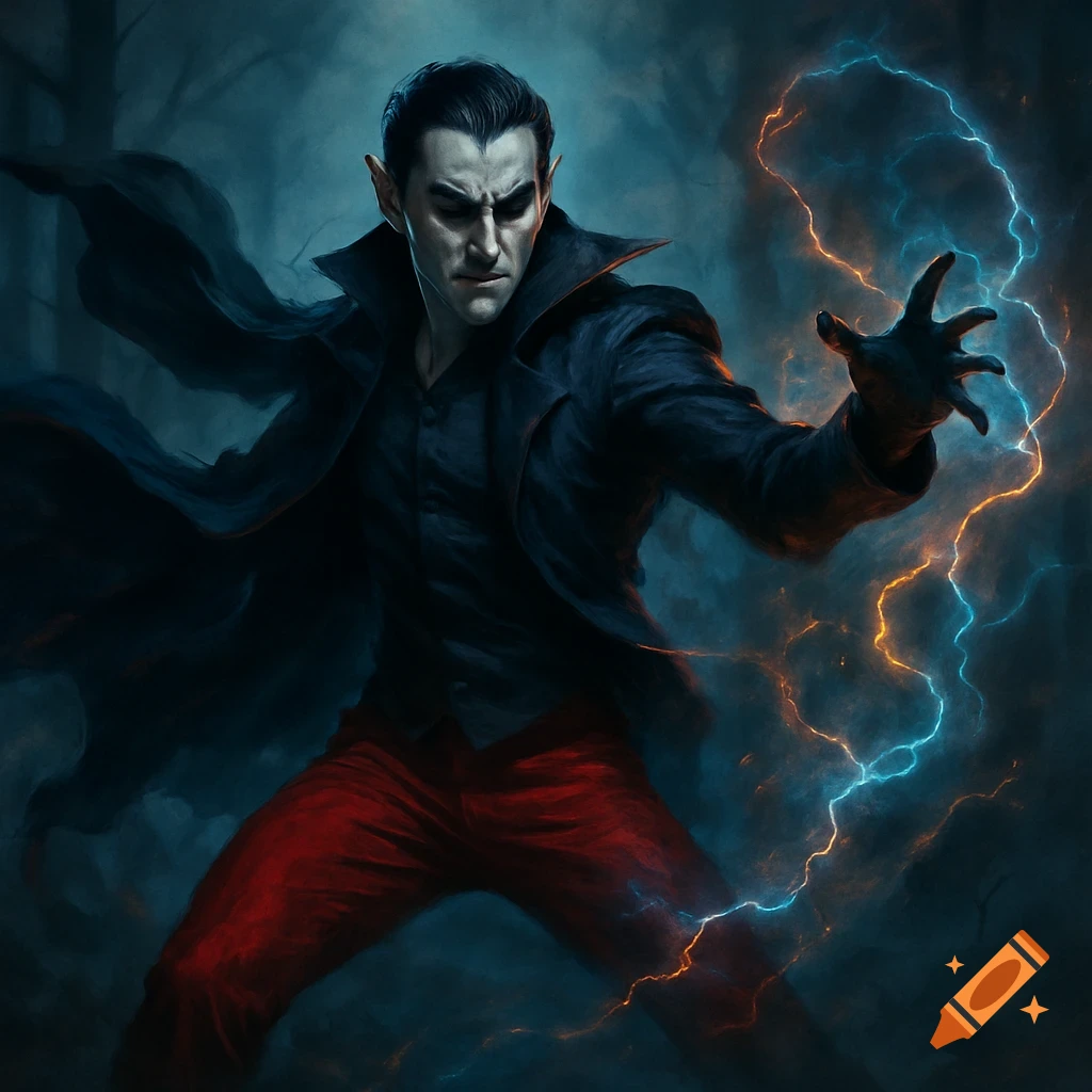 A dramatic illustration of a pale-skinned male vampire in a black coat ...