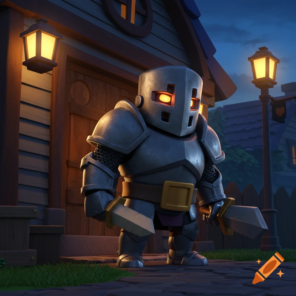 A stylized Mega Knight from Clash Royale, in grey armor with glowing ...