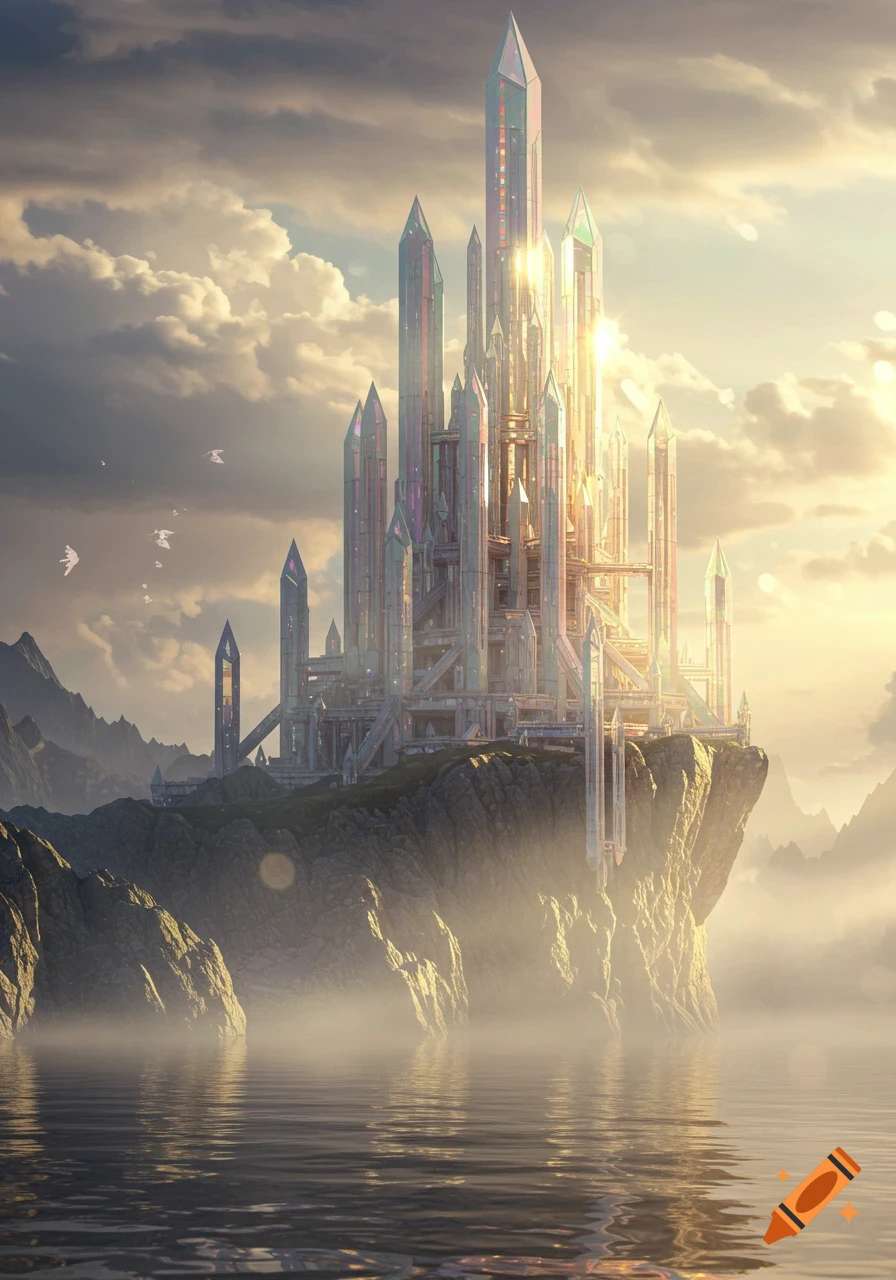 A dazzling crystal castle with towering spires stands on a cliff over a ...