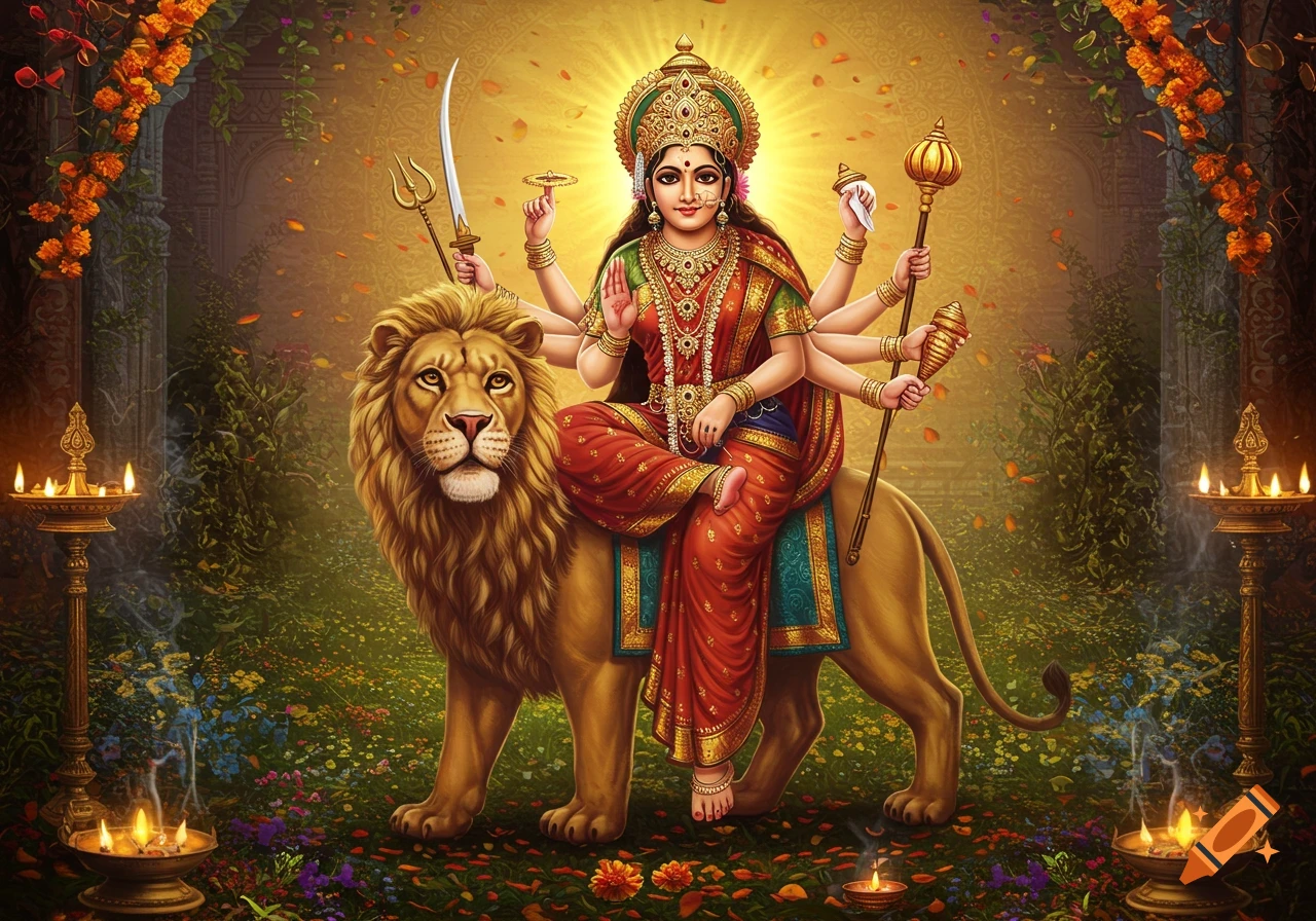A vibrant illustration of the multi-armed Hindu goddess Chandi ...