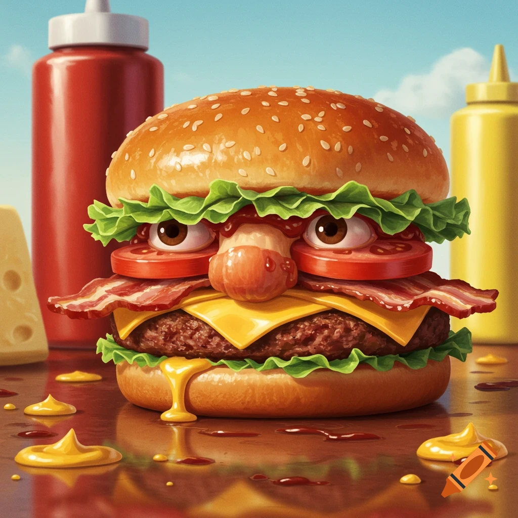 Cartoon anthropomorphic angry burger with legs next to an angry carton ...