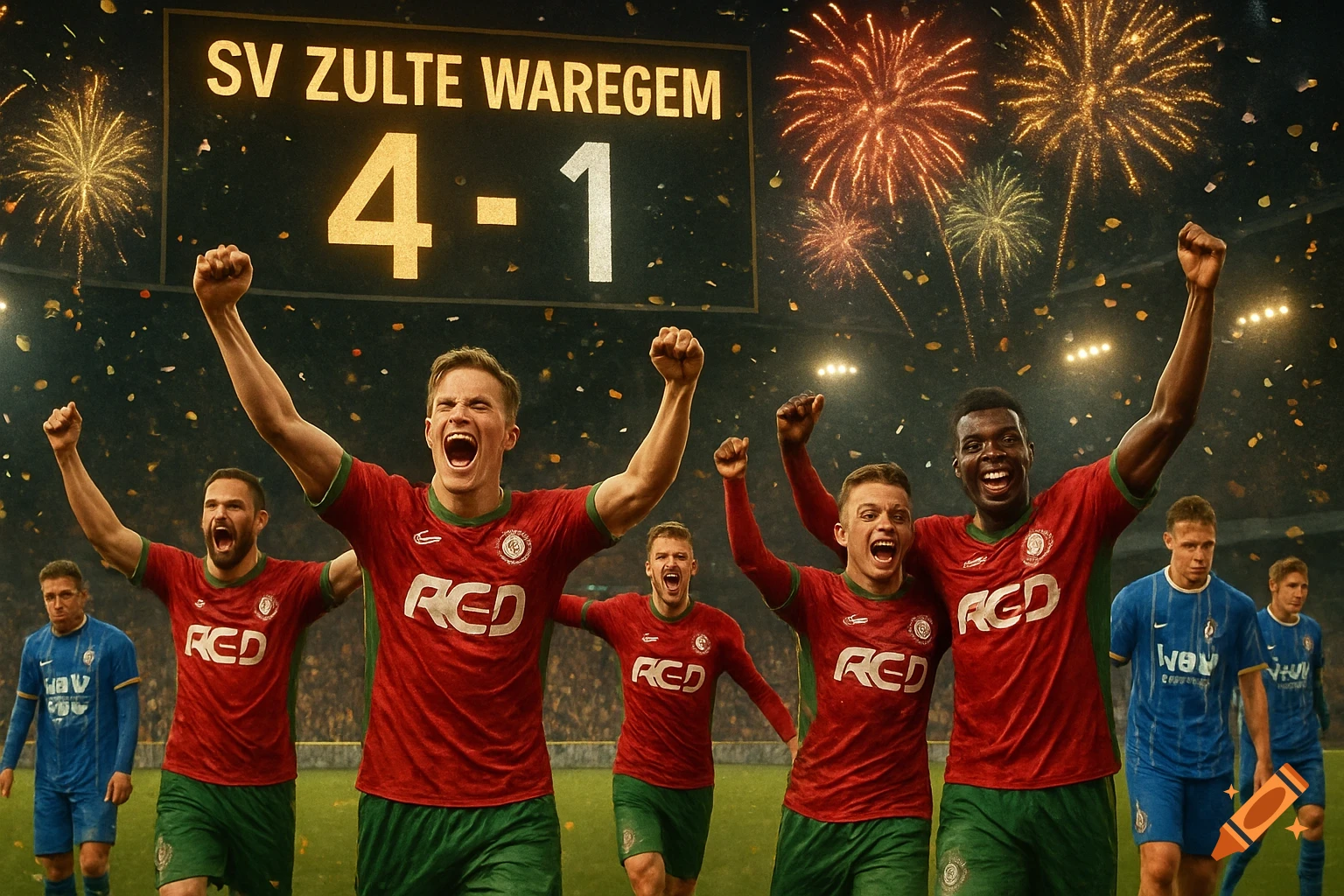 Soccer players in red and green uniforms celebrate a 4-1 victory, with ...