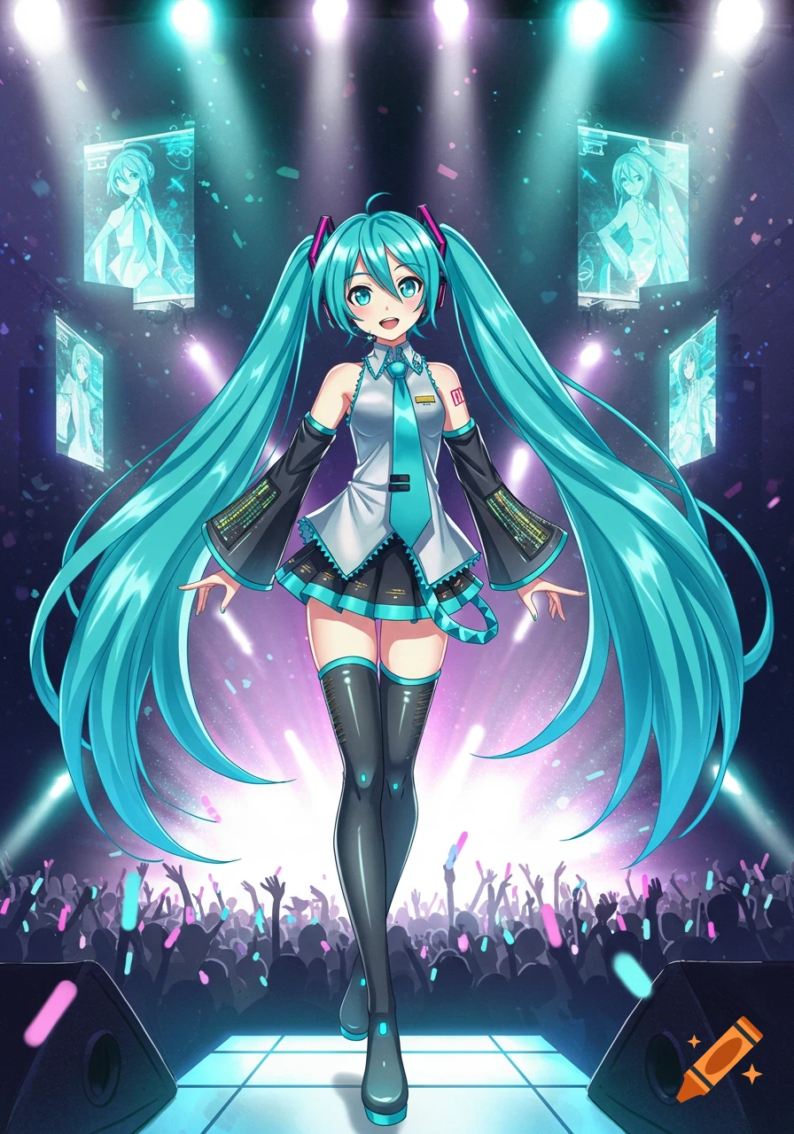 Anime Hatsune Miku performs on stage, surrounded by sparkling blue ...