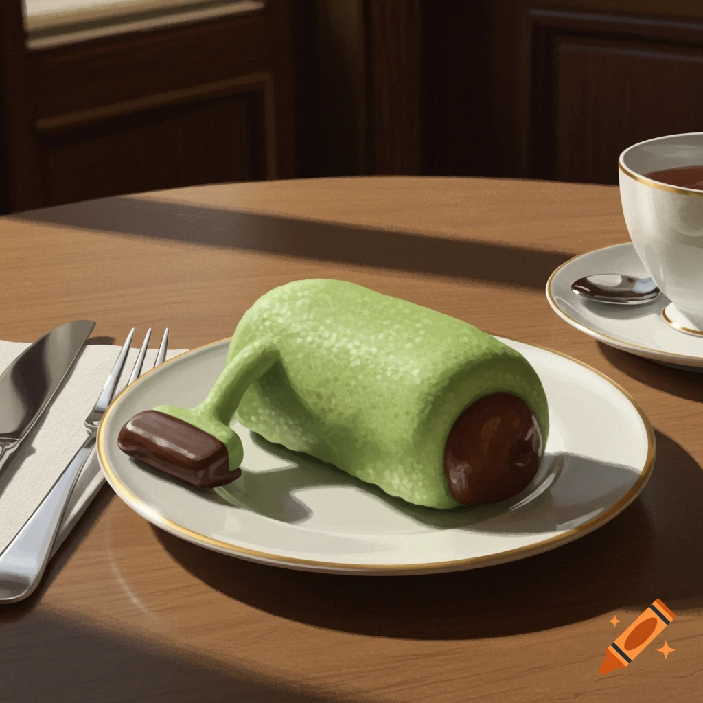 A green dammsugare pastry with chocolate ends on a white plate, served ...