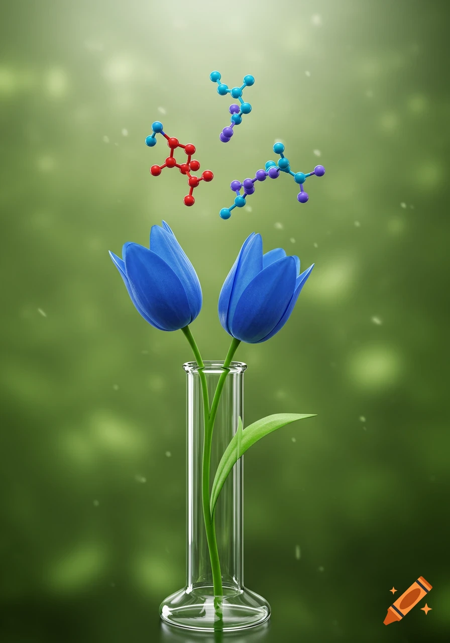 Blue tulips in a glass test tube with colorful molecular structures ...