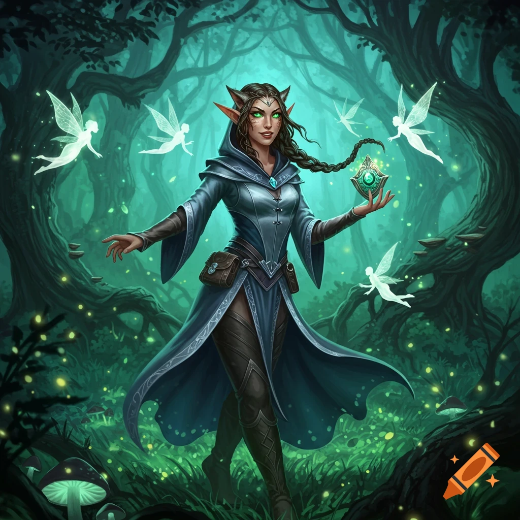 A green-eyed elf sorceress in a blue robe holds a glowing orb in a ...