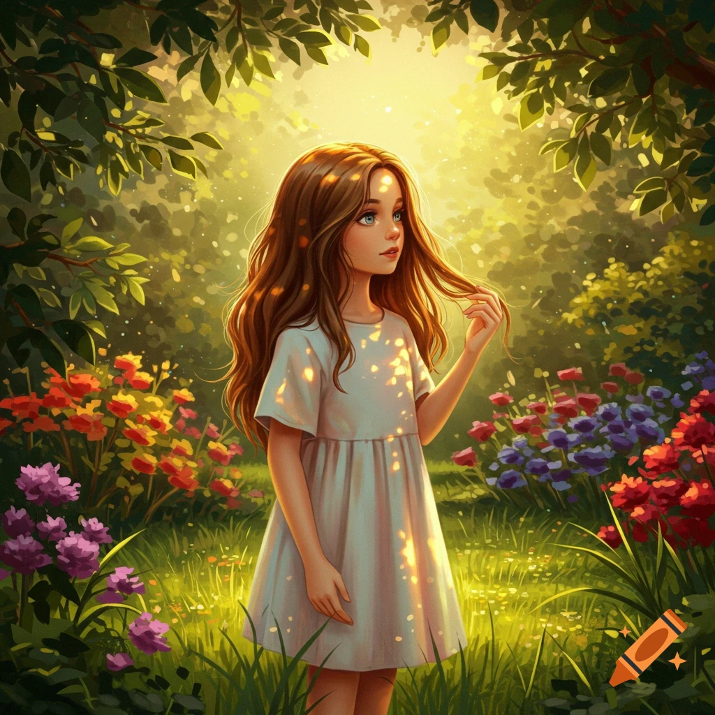 Colorful cartoon of a woman sitting on a bench in a botanical garden on ...