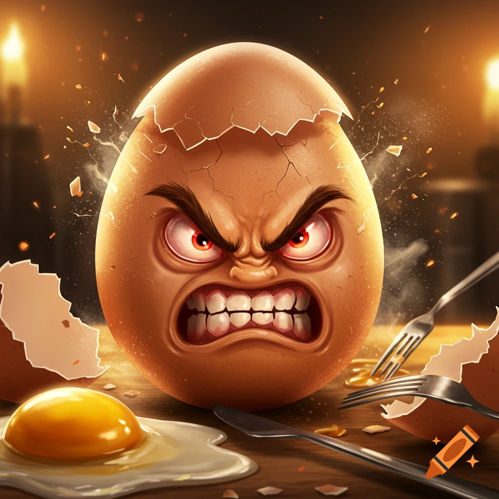 An angry, cracked gingerbread-like character with raisin buttons stands ...