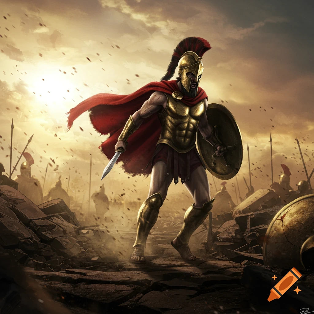 A powerful female warrior in golden armor and red cape holds two swords ...